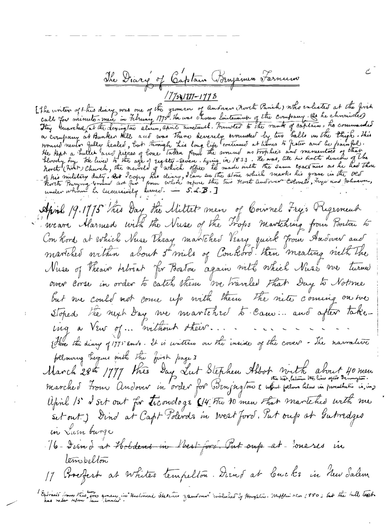 Diary of Captain Benjamin Farnum, 1775-1777 – Using Essex History