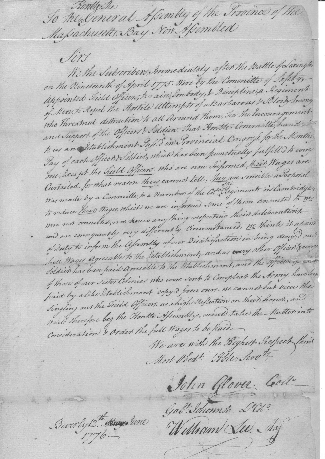 Col. John Glover Letter to the Massachusetts General Assembly, Beverly ...