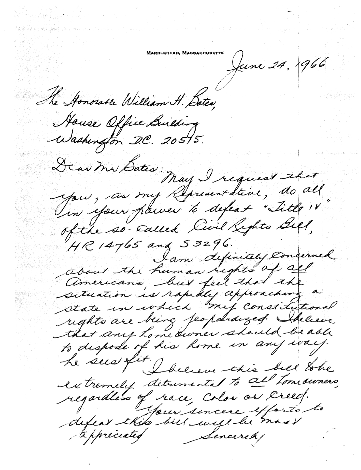 Letter in opposition to Title IV, Marblehead 1966 – Using Essex History