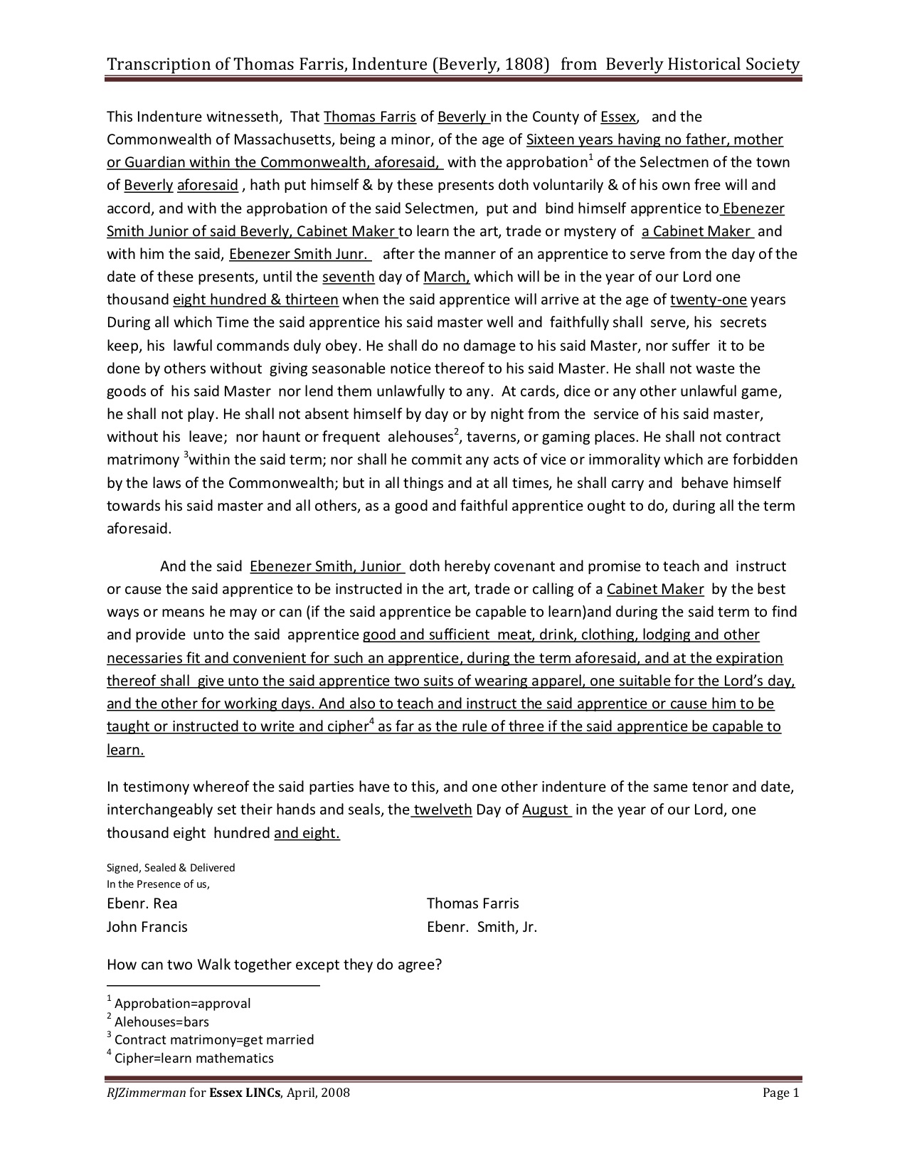 Farris Indenture, Beverly 1808 – Using Essex History