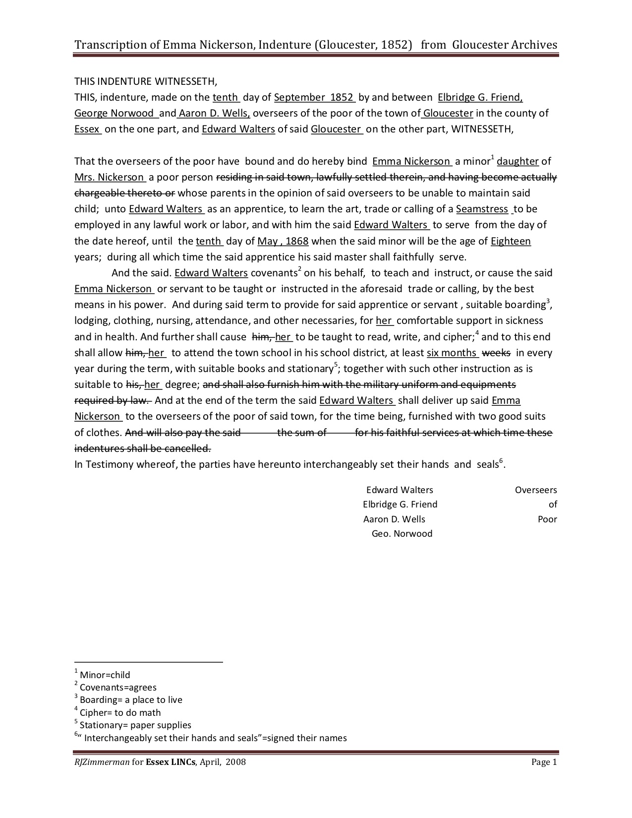 Nickerson Indenture, Gloucester 1852 – Using Essex History