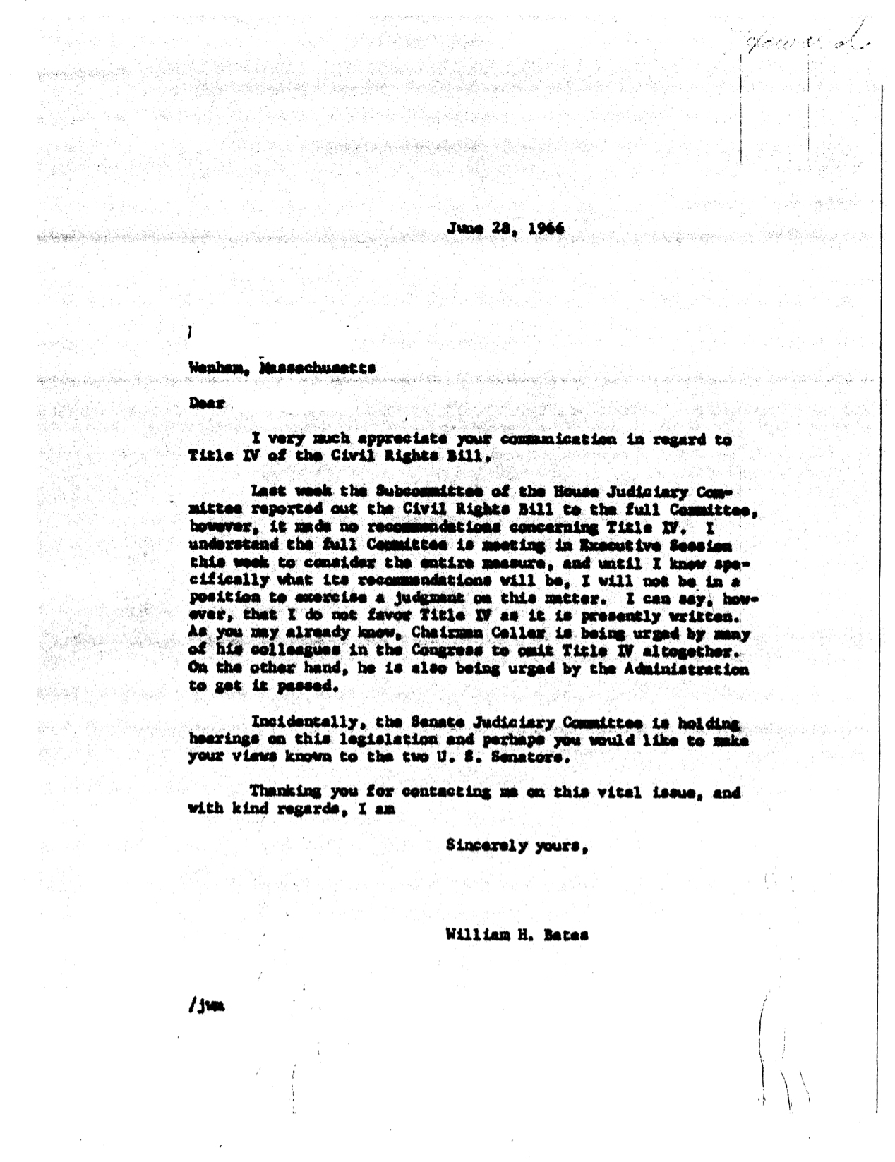 Letter in opposition to Title IV, Wenham 1966 – Using Essex History
